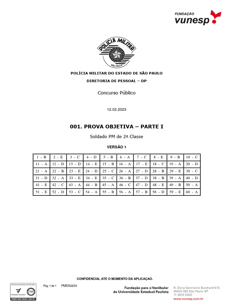 Vunesp 2023 Pm Sp Soldado Pm de 2a Classe Gabarito | PDF Vunesp 2023 Pm Sp Soldado Pm de 2a Classe Gabarito | PDF