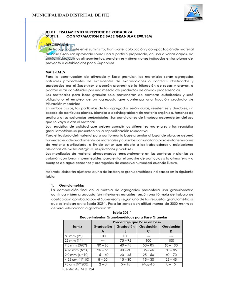 Especificaciones Técnicas Conformacion Base Granular | PDF | Hormigón | Residuos