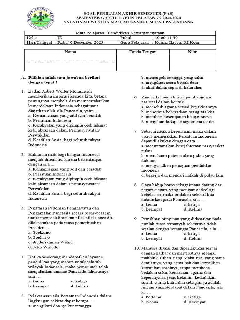 Soal PAS PKN 9 | PDF
