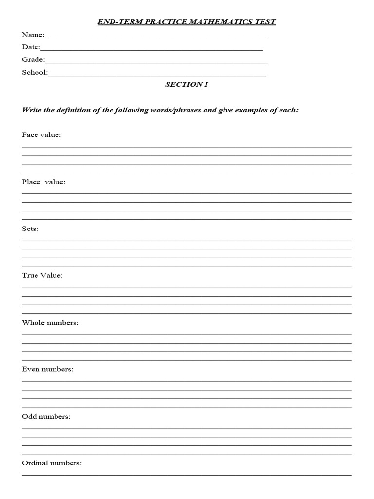 End-Term Practice Mathematics Test | PDF | Numbers | Mathematics