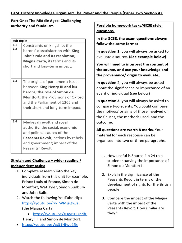 Knowledge Organiser GCSE The Power and The People The Middle Ages ...