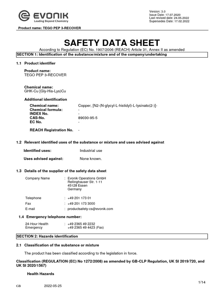 Evonik Tego Pep 3 Recover - SDS | PDF | Dangerous Goods | Toxicity