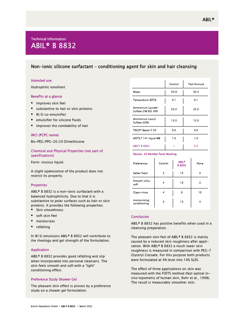 Evonik Abil B8832 - TDS | PDF | Surfactant | Emulsion