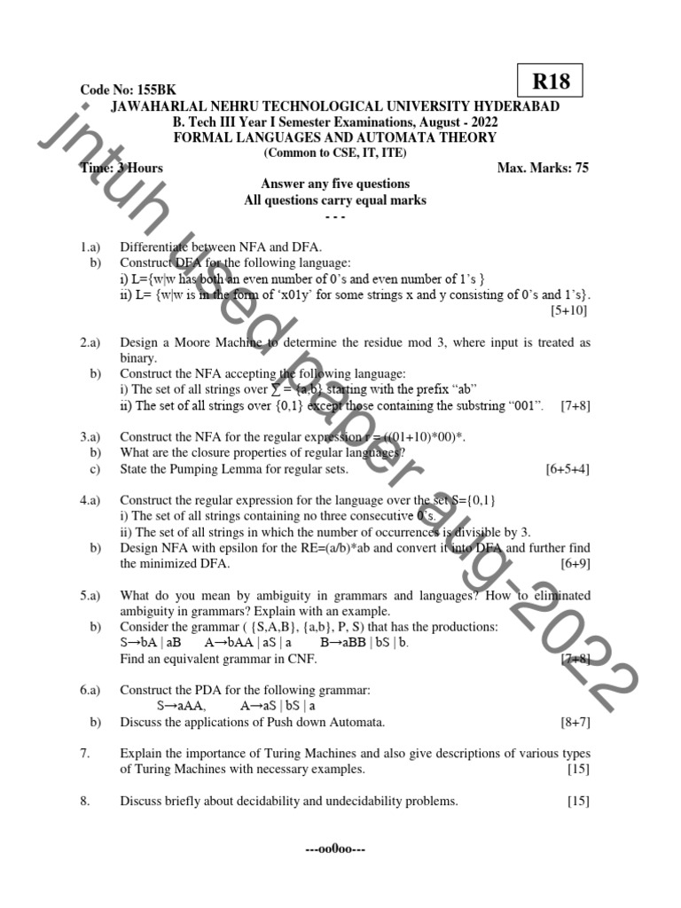 Previous Year Question Paper | PDF | Regular Expression | Automata Theory
