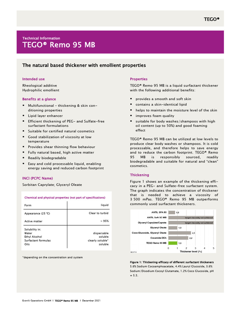 Evonik Tego Remo 95 MB - TDS | PDF | Surfactant | Shampoo