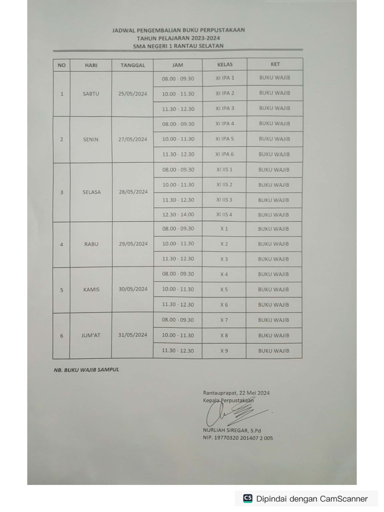 Jadwal Pengembalian Buku Perpustakaan Kls X, XI T.P 2023-2024 | PDF