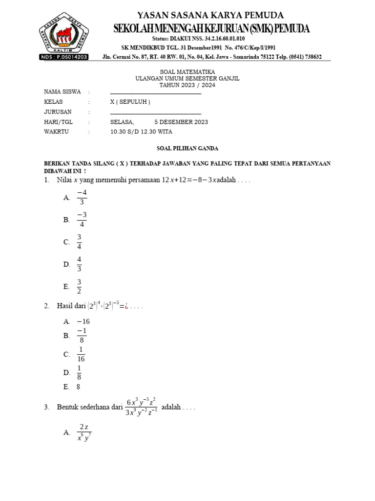 SOAL SMTR Ganjil Matematika X | PDF
