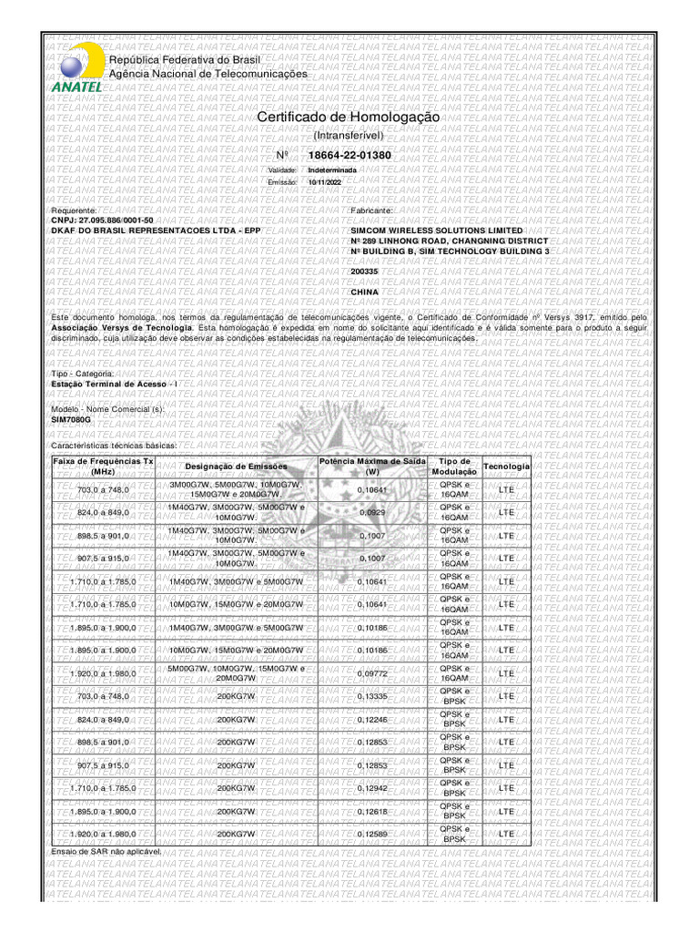 SIM7080G Anatel Certificate 2022 | PDF | LTE (telecomunicação)