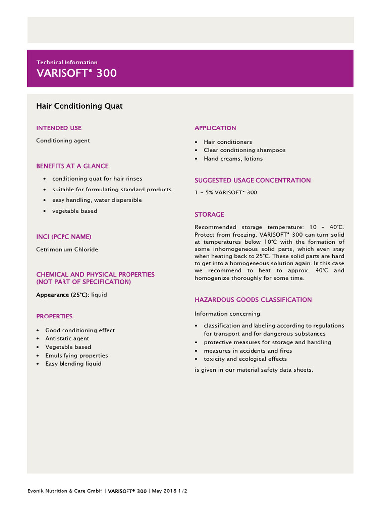 Evonik Varisoft 300 - TDS | Download Free PDF | Chemistry