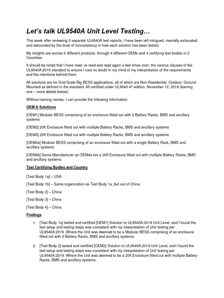 Let's Talk UL9540A Unit Level Testing | PDF