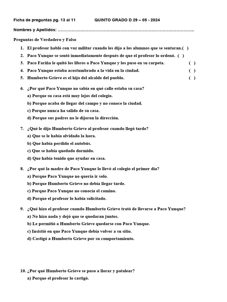 Ficha de Preguntas Pg. 13 Al 11 QUINTO GRADO D 29 - 05 - 2024 Nombres y ...