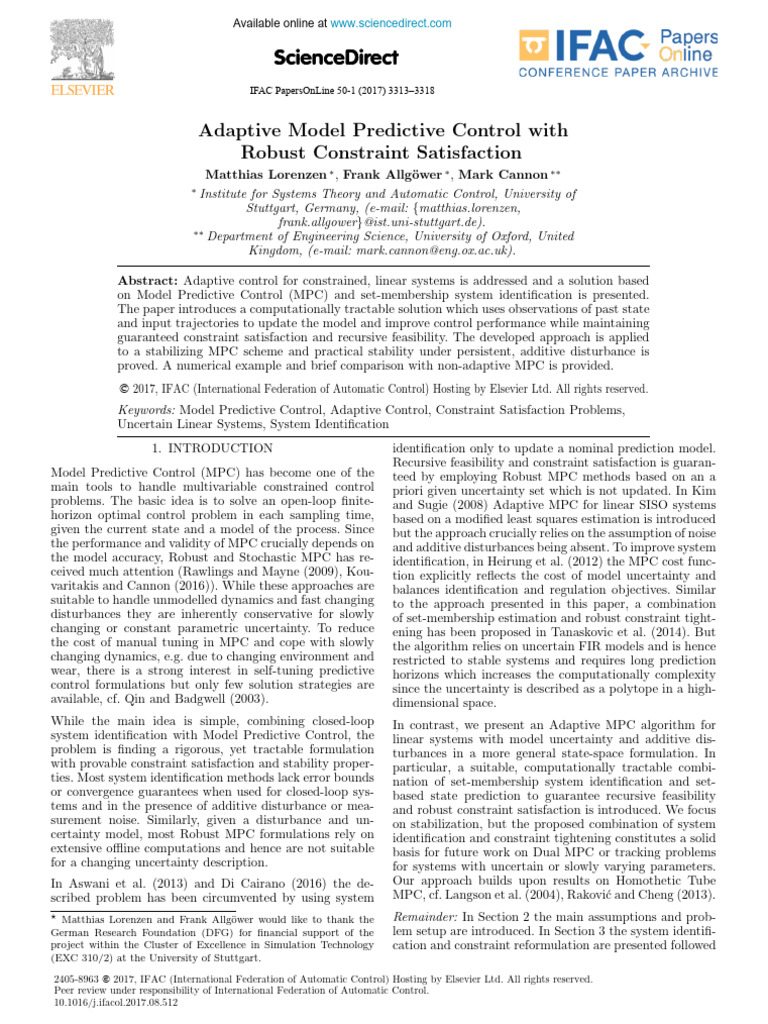Adaptive Model Predictive Control With Robust Constraint Satisfaction ... Adaptive Model Predictive Control With Robust Constraint Satisfaction ...