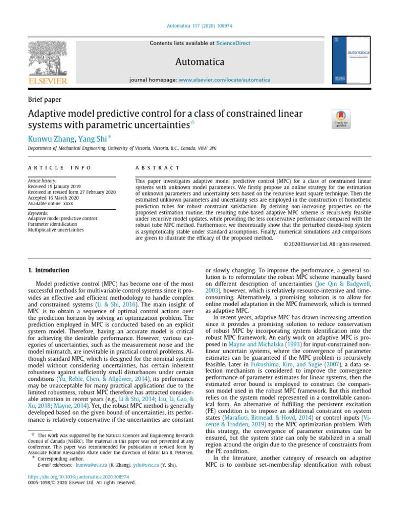 Adaptive Model Predictive Control For A Class of Constrained Linear ... Adaptive Model Predictive Control For A Class of Constrained Linear ...