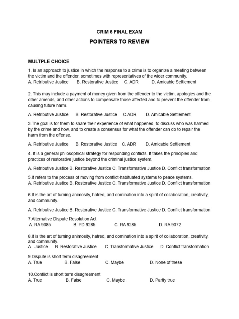 Crim 6 Final Exam Bscrim 3 Pointers To Review | PDF | Restorative Justice | Justice