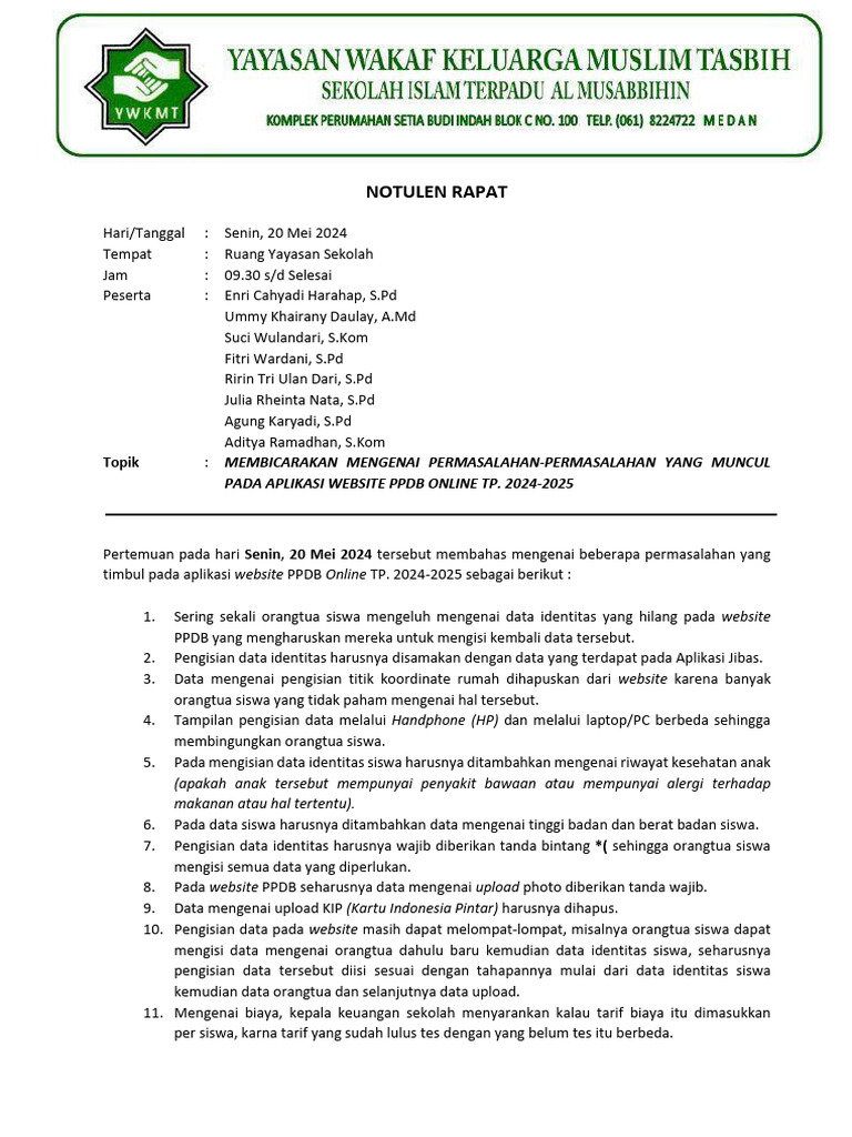 Notulen Rapat Permasalahan Sistem Website PPDB 2024-2025 | PDF
