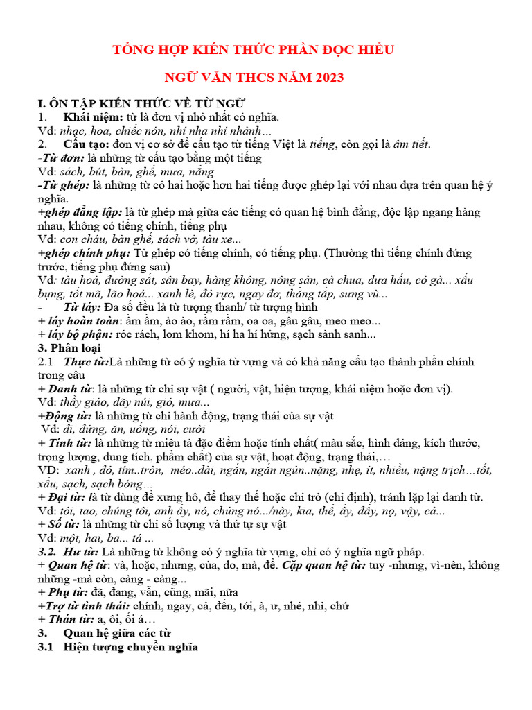 TỔNG HỢP KIẾN THỨC PHẦN ĐỌC HIỂU NGỮ VĂN THCS | PDF