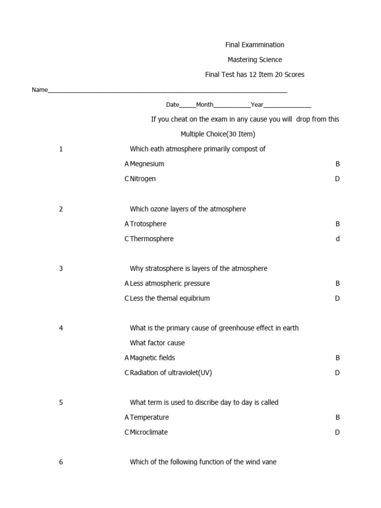 Science Review Final Exam | PDF | Atmosphere Of Earth | Atmosphere