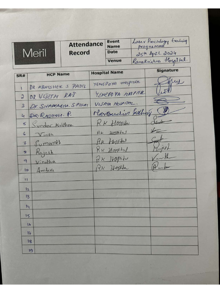 Attendance Sheet- Ramakrishna Hospital | PDF