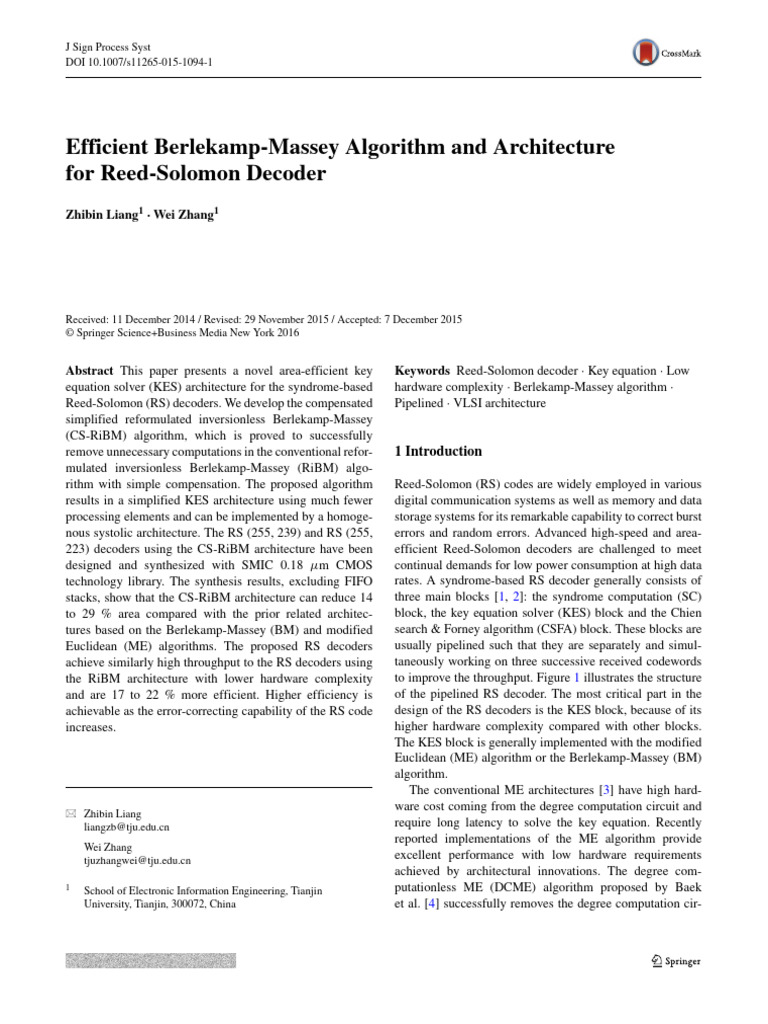 Efficient Berlekamp Massey Algorithm And Architecture Pdf Algorithms Polynomial 