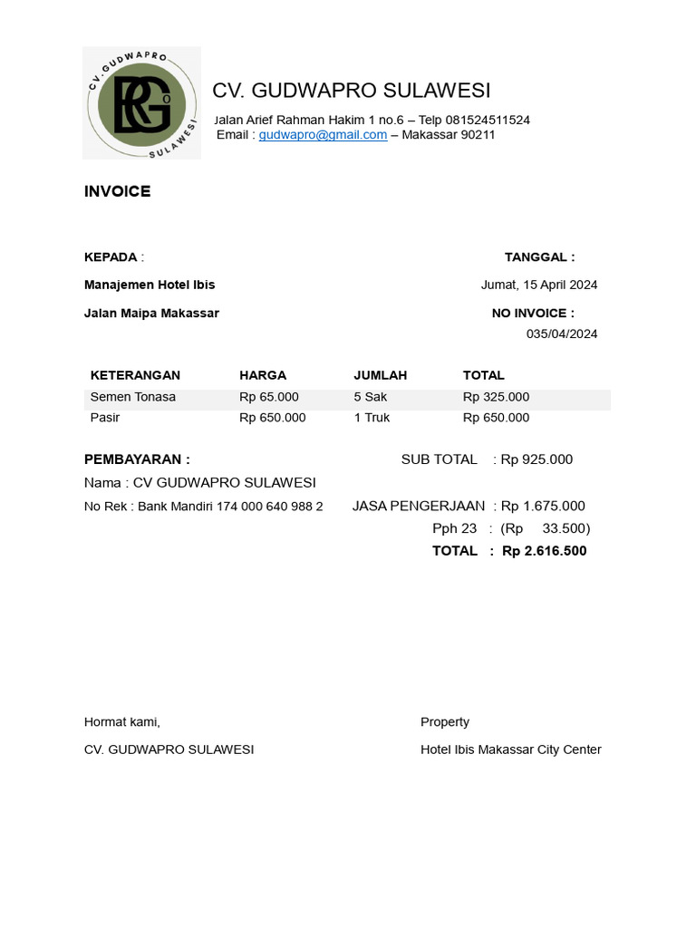 Invoice Pengerjaan PRA Waterproofing Hotel Ibis Maipa Makassar | PDF