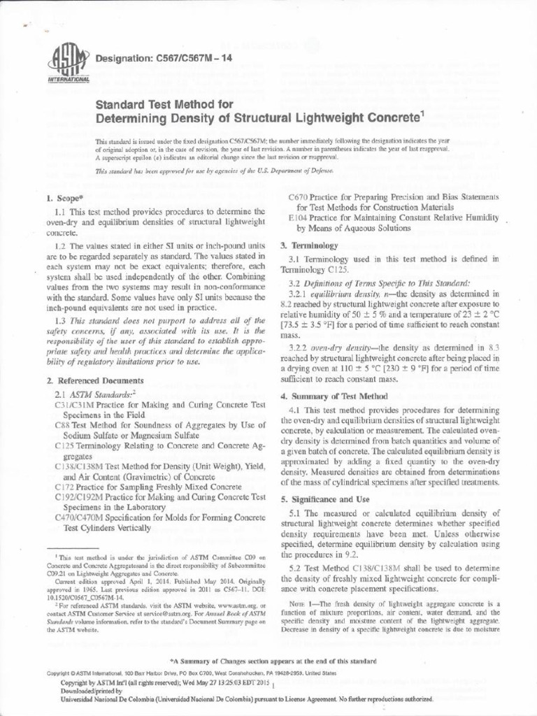 ASTM - C567 C567M - 14 Standard Test Method For Determining Density of ...
