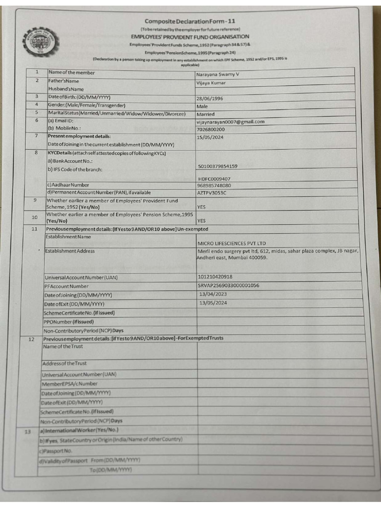 V, Narayanaswamy - PF Form 11 | PDF