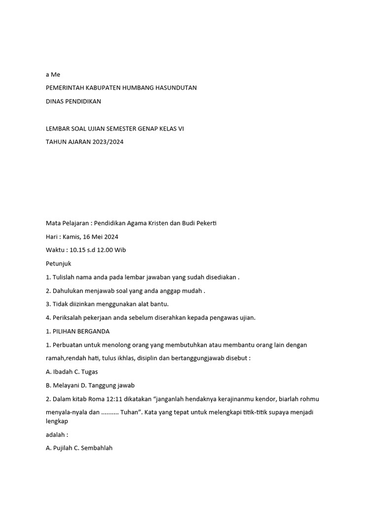 02 Soal Agama Kristen KLS 6 - 2023-2024 | PDF