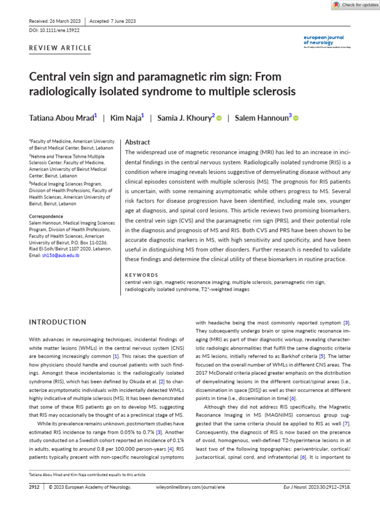 Euro J of Neurology - 2023 - Abou Mrad - Central Vein Sign and ...