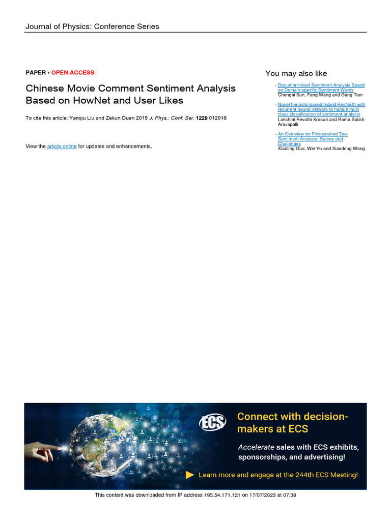 Chinese Movie Comment Sentiment Analysis Based On HowNet and User Likes | PDF | Cognitive ...