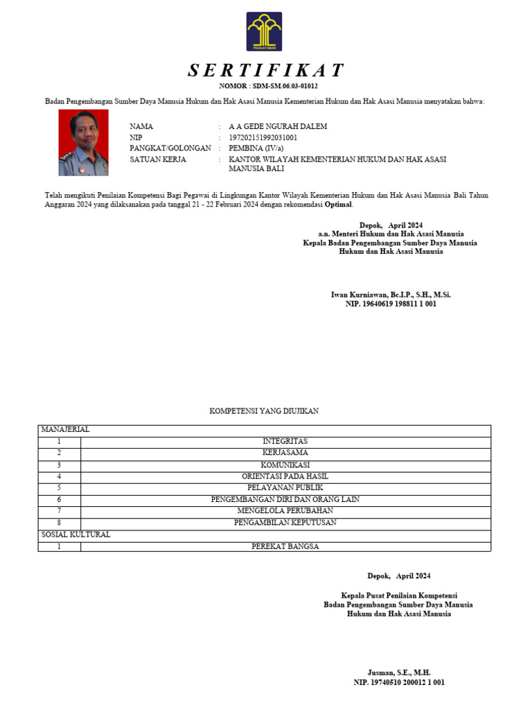 Draft Sertifikat Ukom Bali 2024 | PDF