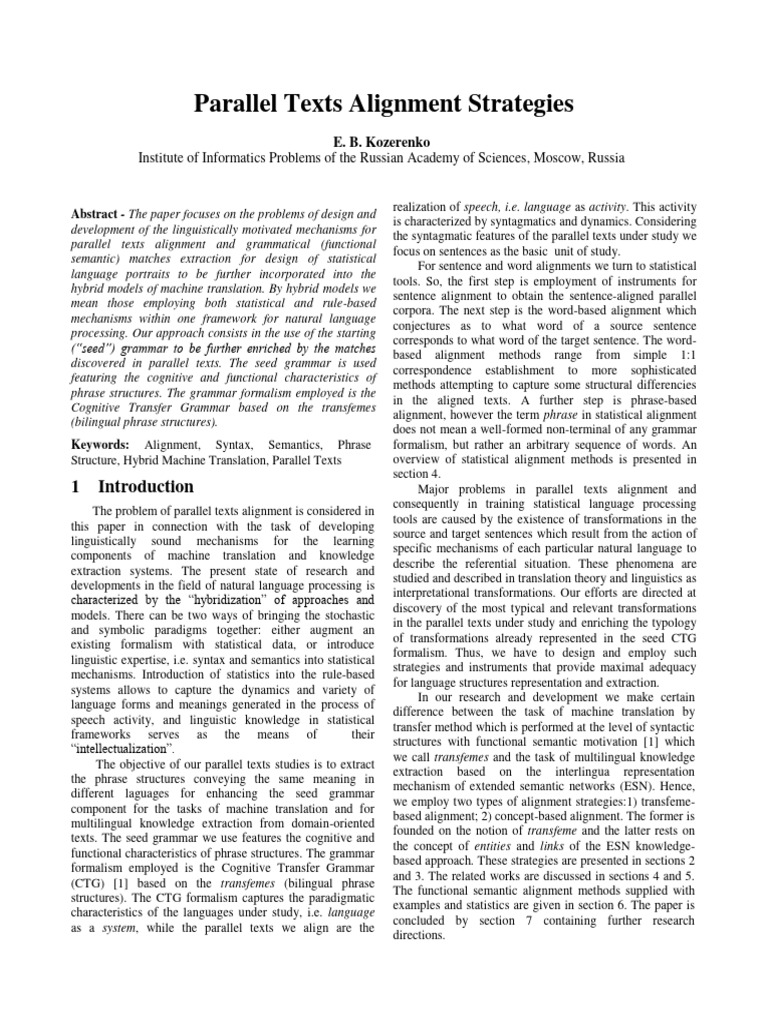 Parallel Texts Alignment Strategies | PDF | Linguistics | Parsing