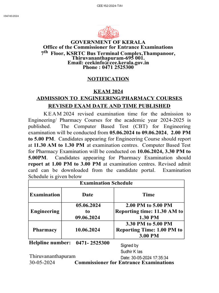 Keam Revised Exam Date and Time Published | PDF