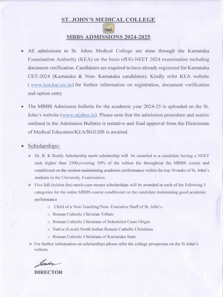 St. John's Medical College MBBS Admissions 2024-25 | PDF