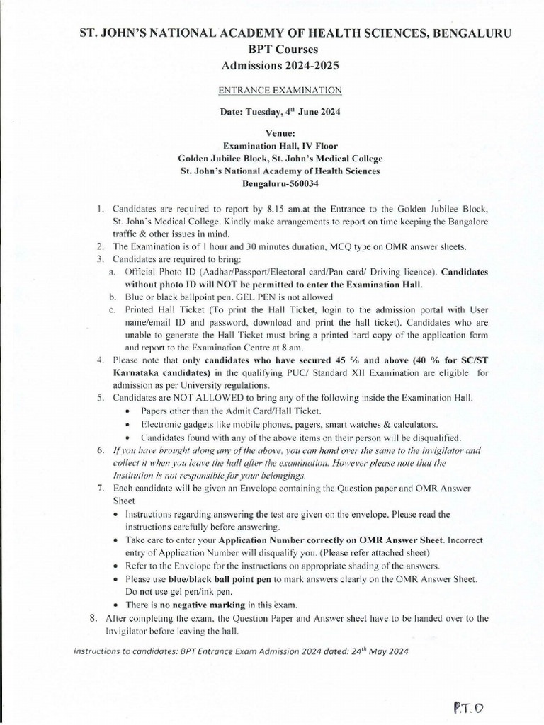 BPT Entrance Exam and Interview Instructions 24 May 2024 | PDF