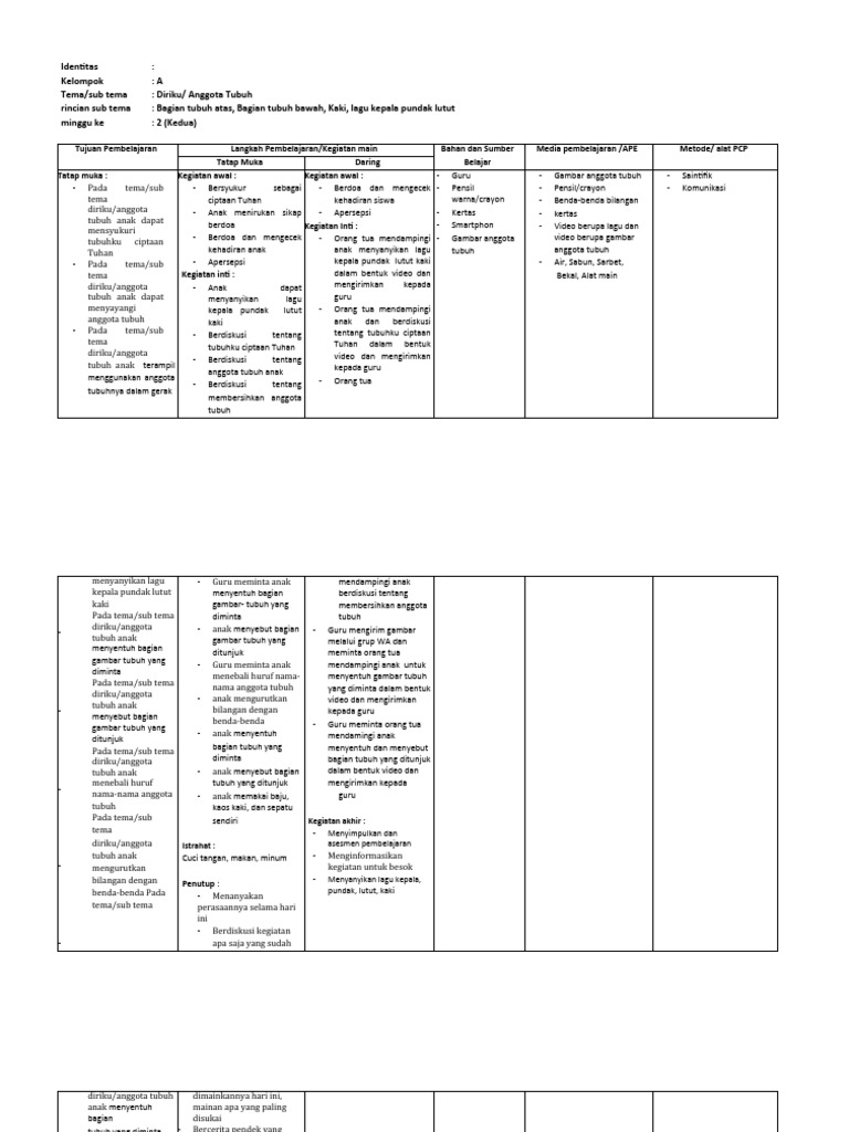 RPPH Tema Diri Sendiri Kelompok A - Panca Indera | PDF | Seni ...