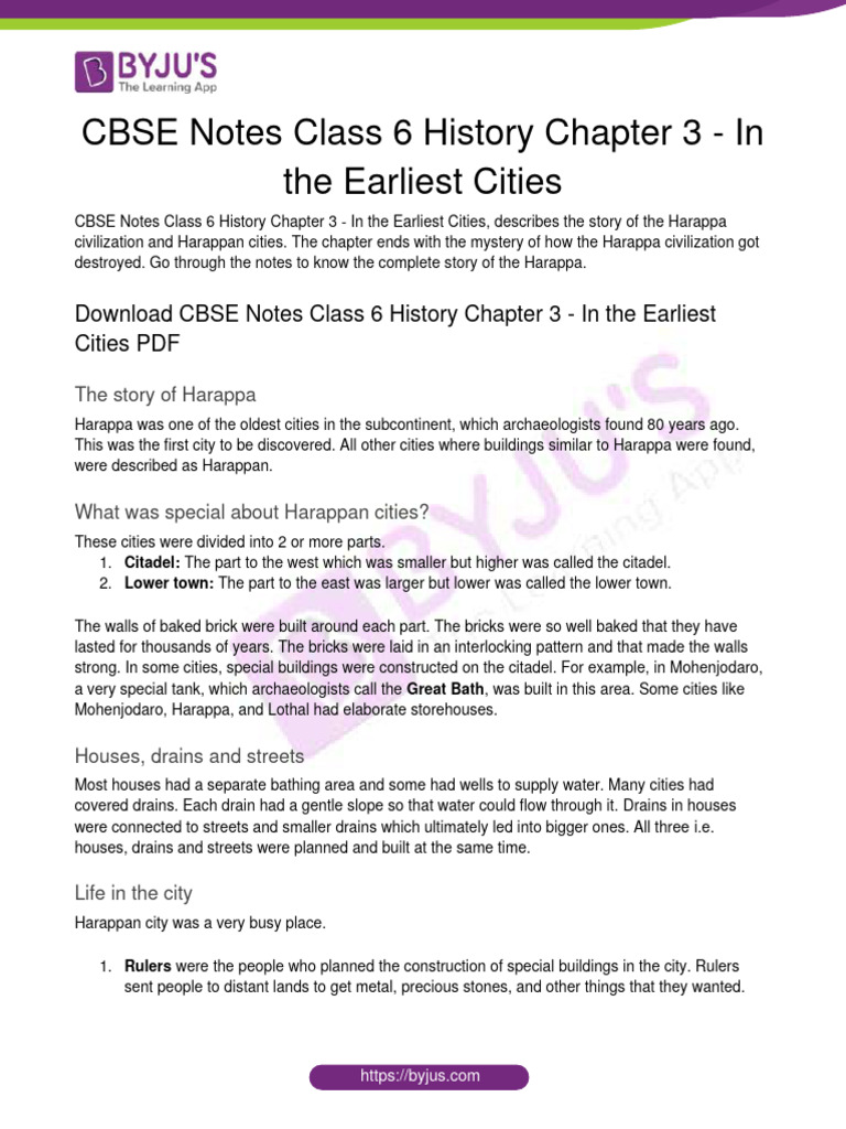 CBSE Notes Class 6 History Chapter 3 in The Earliest Cities | PDF