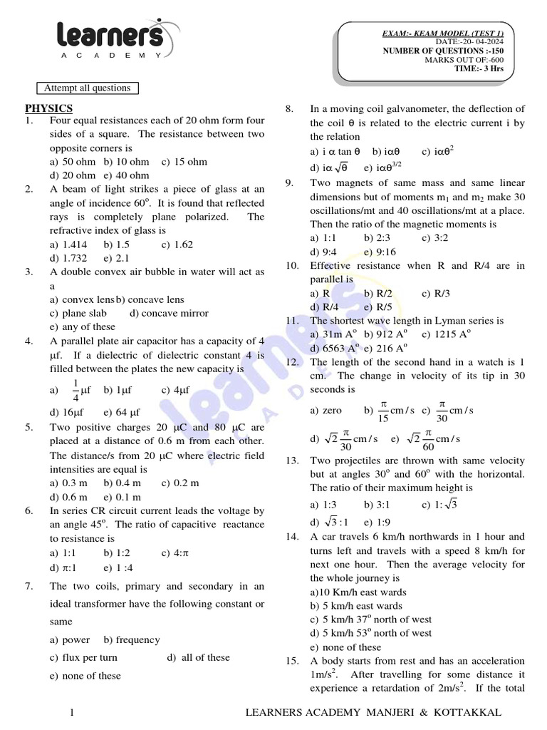 KEAM MODEL (TEST 1) 20-04-24 | Download Free PDF | Capacitor | Physical ...