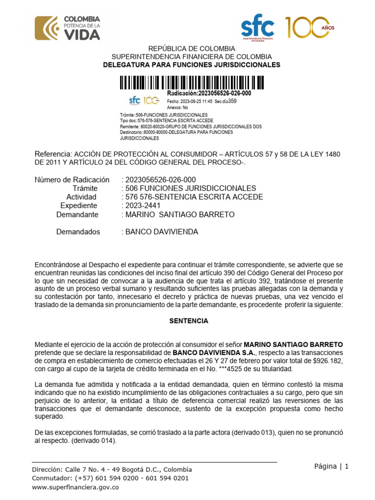 Exp 2023-2441 Sentencia 25-08-2023 | PDF | Tarjeta de crédito | Bancos