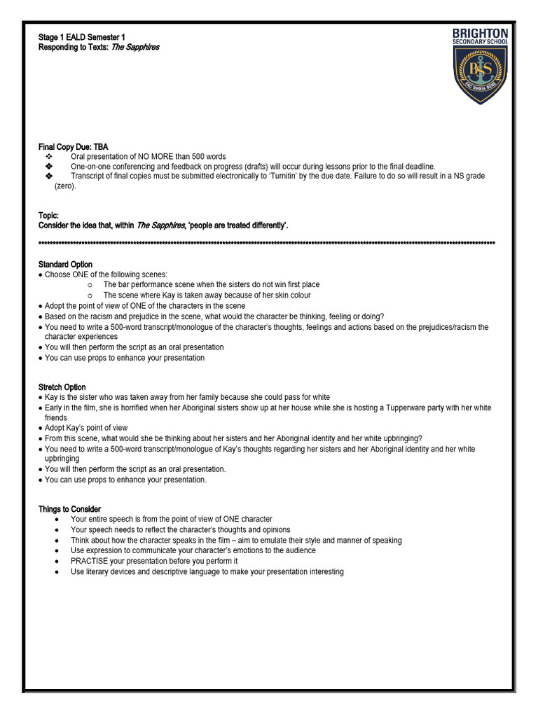 2024 Stage 1 The Sapphires Creative Oral Presentation Task | PDF ...