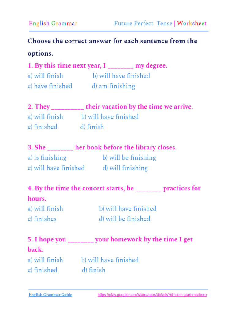 Future Perfect Tense Worksheet 1 | PDF | Language Arts & Discipline ...