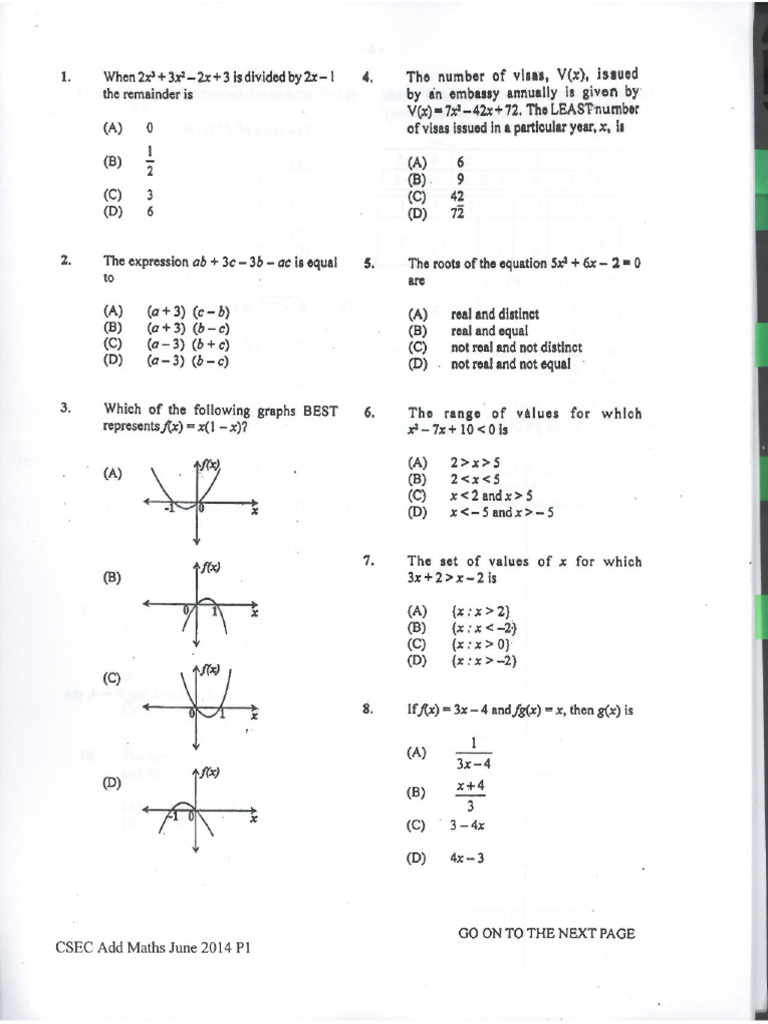 CSEC Add Maths Paper 1 2014 May-June | PDF