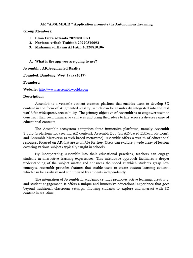 AR "ASSEMBLR " Application Promote The Autonomous Learning | PDF | Augmented Reality | Learning