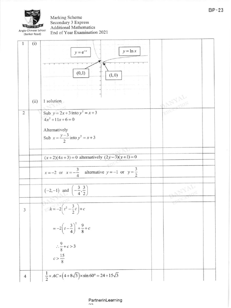 Sec 3 A Math - Anglo Chinese School End of Year 2021 - Answers | PDF