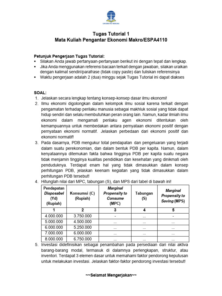 Tugas Tutorial 1 (1) PENGANTAR EKONOMI MAKRO | PDF