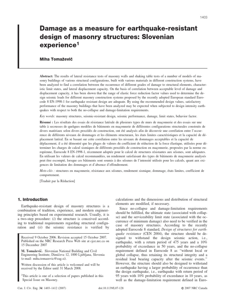 Damage Masonry Experience - M Tomazevic | PDF | Fracture | Earthquake ...