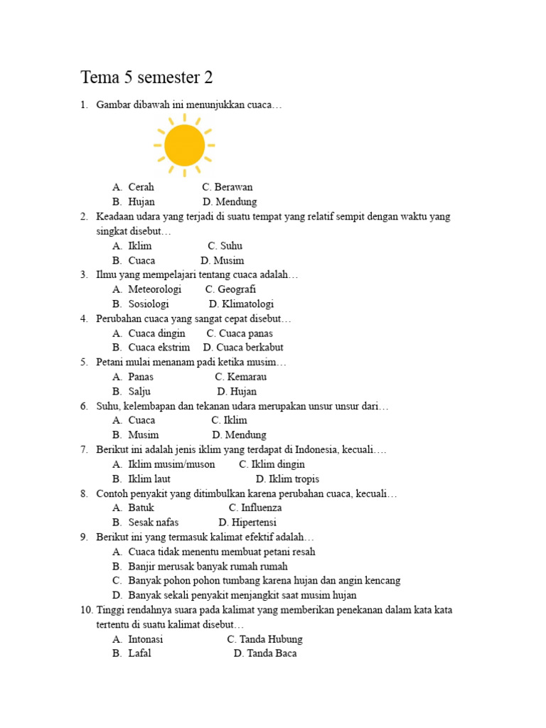 Soal Tema 5 Semester 2: Cuaca, Pecahan, dan Seni | PDF