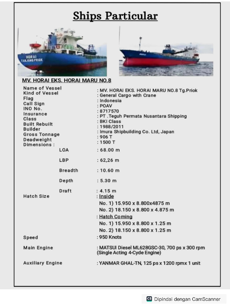 SHIPS PARTICULAR MV.HORAI MARU EKS. HORAI MARU NO.08 Tg.Priok 2024 | PDF