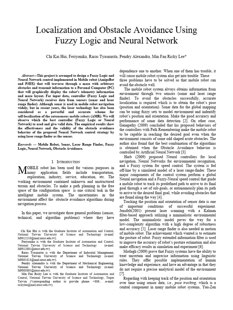 Localization And Obstacle Avoidance Using Fuzzy Logic And Neural Network Pdf Robot Robotics