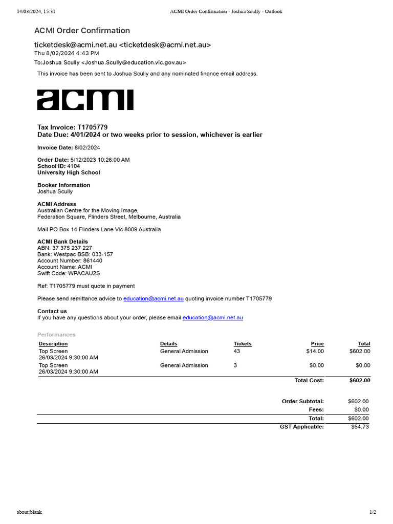 School Ticket Order Confirmation | PDF | Invoice | Payments