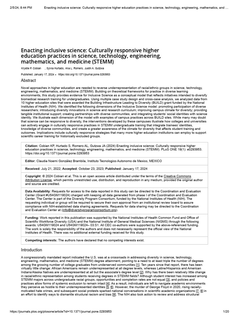 Enacting Inclusive Science: Culturally Responsive Higher Education ...